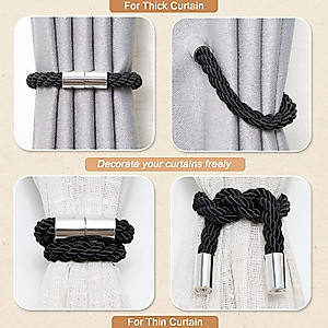 NICEEC 2 Pack Strong Magnetic Curtain Tiebacks Modern Simple Style Drape Tie Backs Convenient Decorative Weave Rope Curtain Holdbacks for Thin or Thick Home & Office Window Draperies (Black)