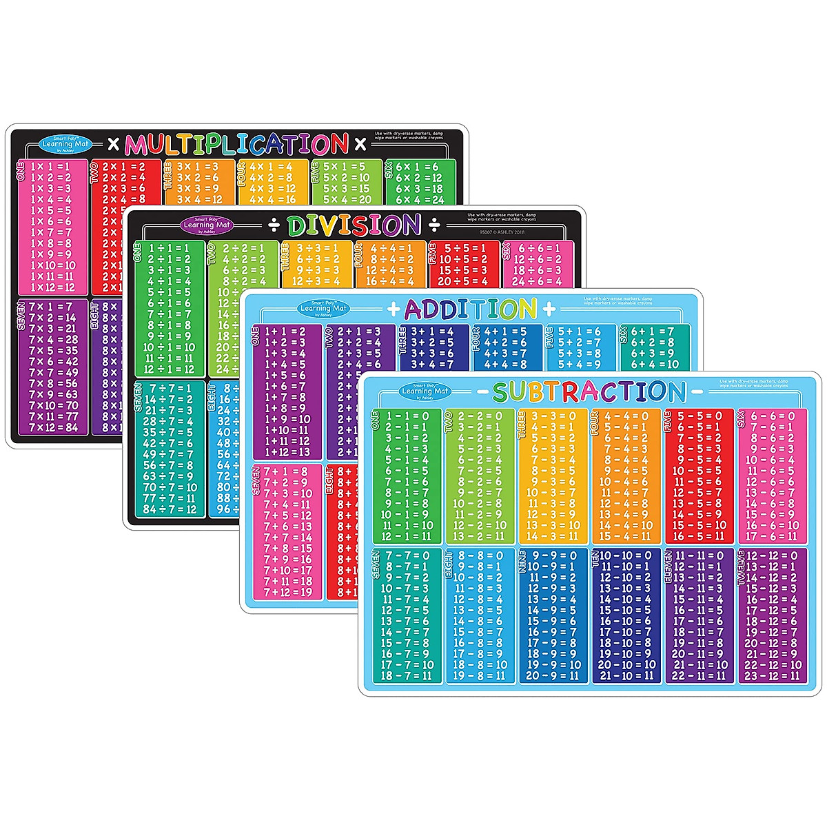 Ashley Productions Smart Poly Dry Erase Learning Mats - Math Tables - Addition, Subtraction, Multiplication, Division - 4 Mats with Exclusive InPrimeTime Dry Eraser