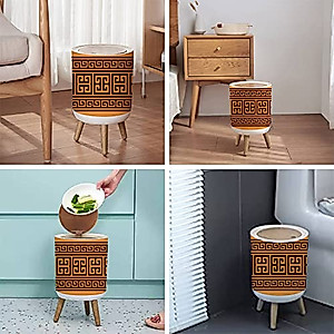 Small Trash Can with Lid for Bathroom Kitchen Office Diaper Greek key seamless design brown inspired by ancient Greece pottery art Bedroom Garbage Trash Bin Dog Proof Waste Basket Cute Decorative