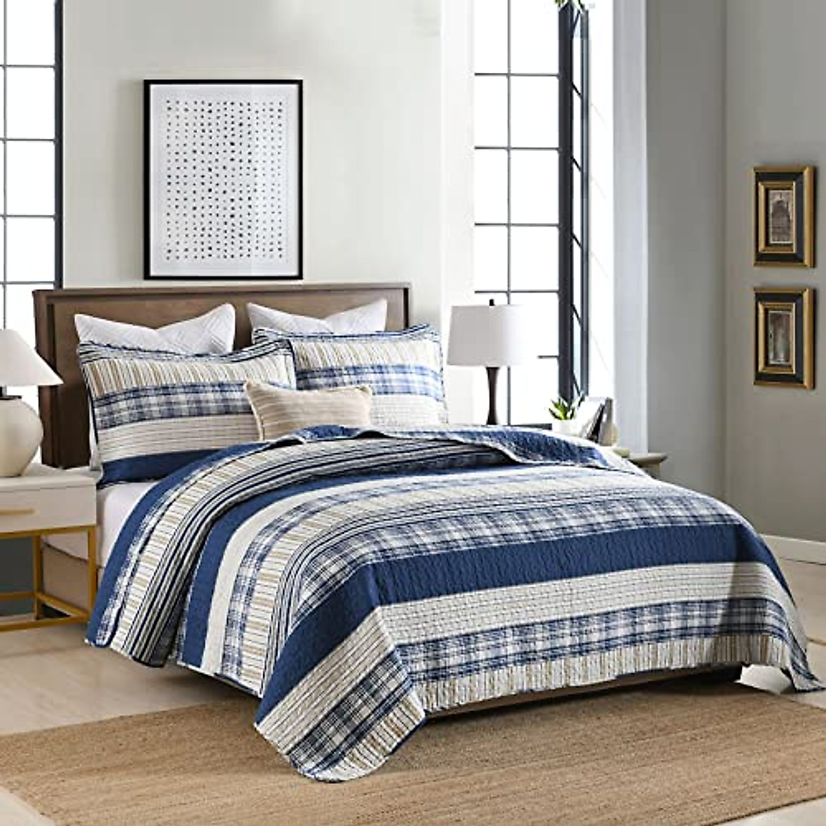 YUMIYUSHI Quilt Queen Size - Cotton Striped Queen Quilt Set,Navy Blue Tan White Plaid Queen Quilt Bedding Set ，Farmhouse Bedspreads Lightweight Reversible 3 Piece