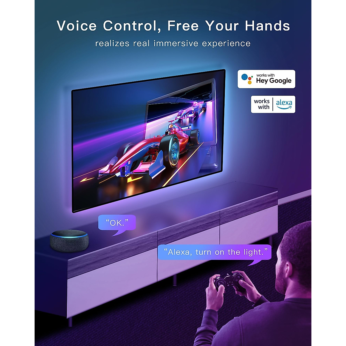 Azoula TV LED Backlight Immersion Ambient TV Strip Lights for 55-65 Inch TV HDMI 2.0 Sync Box RGB+IC Wi-Fi Backlight Music Sync TV Light, Compatible with Alexa Google Assistant App Contro