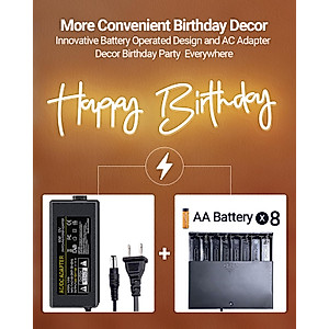 30x8 Inch Happy Birthday LED Neon Sign for Backdrop Decor, Happy Birthday Light Up Sign Adjustable with Stepless Dimmer, 12v Adapter and Hanging Chains for Birthday Party Decoration (Warm White)