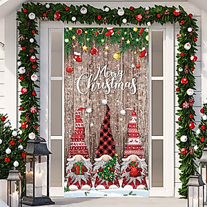 Christmas Door Cover Decorations Merry Christmas Front Door Cover Christmas Door Banner Fabric Glitter Wood Props Xmas Snowflake Hanging Door Wrap for Photo Booth Props Party (Gnome Style)