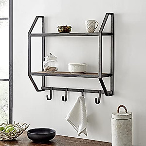 FirsTime & Co. Brown Bentley Wall Shelf with Hooks, Wall Mounted Floating Shelf for Bedroom, Kitchen, Living Room, Bathroom, Home Office, Wood, 24.75 x 7 x 23.5 inches (70438)