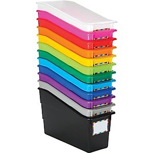 Really Good Stuff Rainbow Organizing Bins, Premium Plastic Book Holders with Name Labels, Vertical Storage & Organization for Classroom & Home, Color Code Files, Books, Binders, Supplies, 12 pk