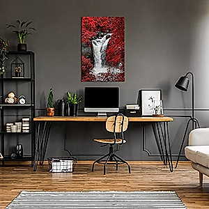 iKNOW FOTO Red Waterfall Canvas Wall Art Decor Vertical Decorative Prints Forest Landscape Picture for Living Room Kitchen Bedroom Office Home Decor Gift 24x36