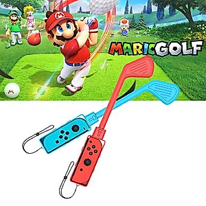 Uxilep Golf Club for Mario Golf: Super Rush - for Nintendo Switch Joy-con Accessories,Mini Golf Clubs Hand Grip Accessories with Wrist Strap for Joy Cons - 2 Pack (Red & Blue)