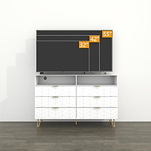 Loomie 6 Drawers Double Dresser with Power Outlet & LED Light,White Long Dresser Chests of Drawers with Storage Cubby,Wood Wide TV Dresser Stand for up to 55" for Bedroom,Hallway,Entryway