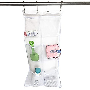 Sainal White Mesh Shower Caddy Organizer with 6 Pockets and 4 Rings/Hooks Hanging on Shower Curtain Rod for Bathroom supplies, Save Space,Storage Bag for Toys