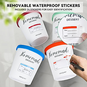 DIKENLAND Ice Cream Containers for Homemade, 4 Pack Ice Cream Containers Set 1 Quart Each, Reusable Ice Cream Storage Containers for Freezer with Silicone Lids, Stickers and Scoop