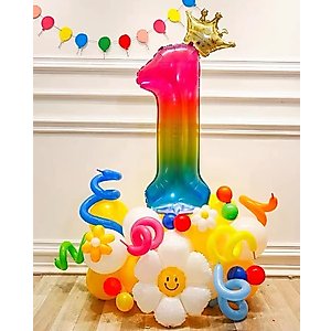 54Pcs Set | Giant, Rainbow Number 1 Balloon 40 Inch Large globos Foil Mylar Big Number Balloon Digital 1 for First Birthday Party | Wedding Bridal Shower Photo Shoot, Anniversary (Rainbow 1）