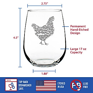 Hen Stemless Wine Glass - Chicken Themed Gifts and Decor for Women, Chicken Moms, Farmers Who Love Chickens - Large 17 Oz Glasses
