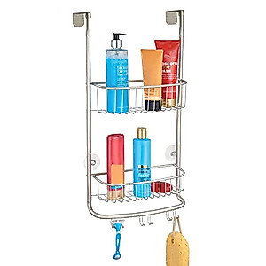 mDesign Stainless Steel Bath/Shower Over Door Caddy, Hanging Storage Organizer 2-Tier Rack with 6 Hooks and 2 Baskets - Holder for Soap, Shampoo, Loofah, Body Wash, Omni Collection, Satin