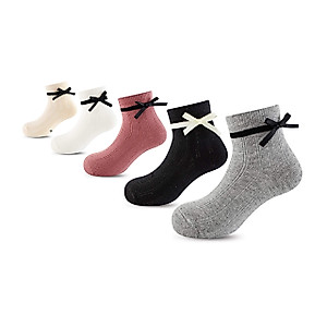 Gwenvenni Girls Socks Little Kids Cotton Bow Socks Low Cut 5 Pairs, Age 6-8