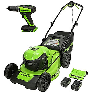 Greenworks 48V (2 x 24V) 20" Brushless Cordless Push Lawn Mower + 24V Brushless Drill / Driver, (2) 4.0Ah USB Batteries (USB Hub) and Dual Port Rapid Charger Included