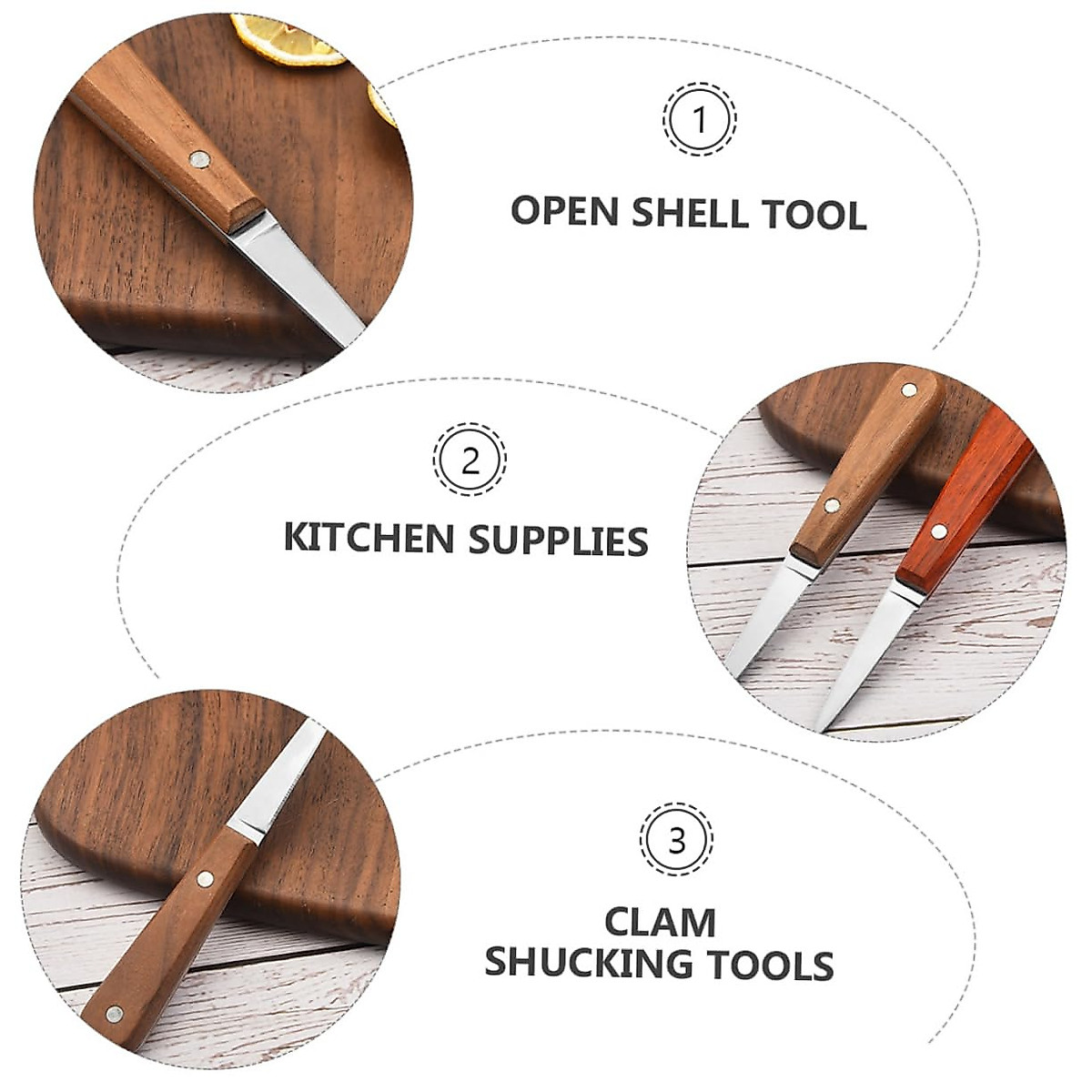 Hemoton Oyster Cutter 2pcs Stainless Steel Oyster Stainless Steel, Wood Seafood Cutting Tool Oyster Opener Clam Shucking Tools Wooden Handle Kitchen Supplies Oyster Shucker