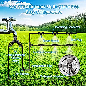 Misting Systems, Misters for Outside Patio, 100 FT Misting Cooling System + 30 Sets Brass Mister System + 2 PE Antioxidant Adapters(3/4")+ 2 Tee Adapters + 2 90 Degree Elbows and （Additional Accessories）for Pasture, Garden, Greenhouse, Gazebo.