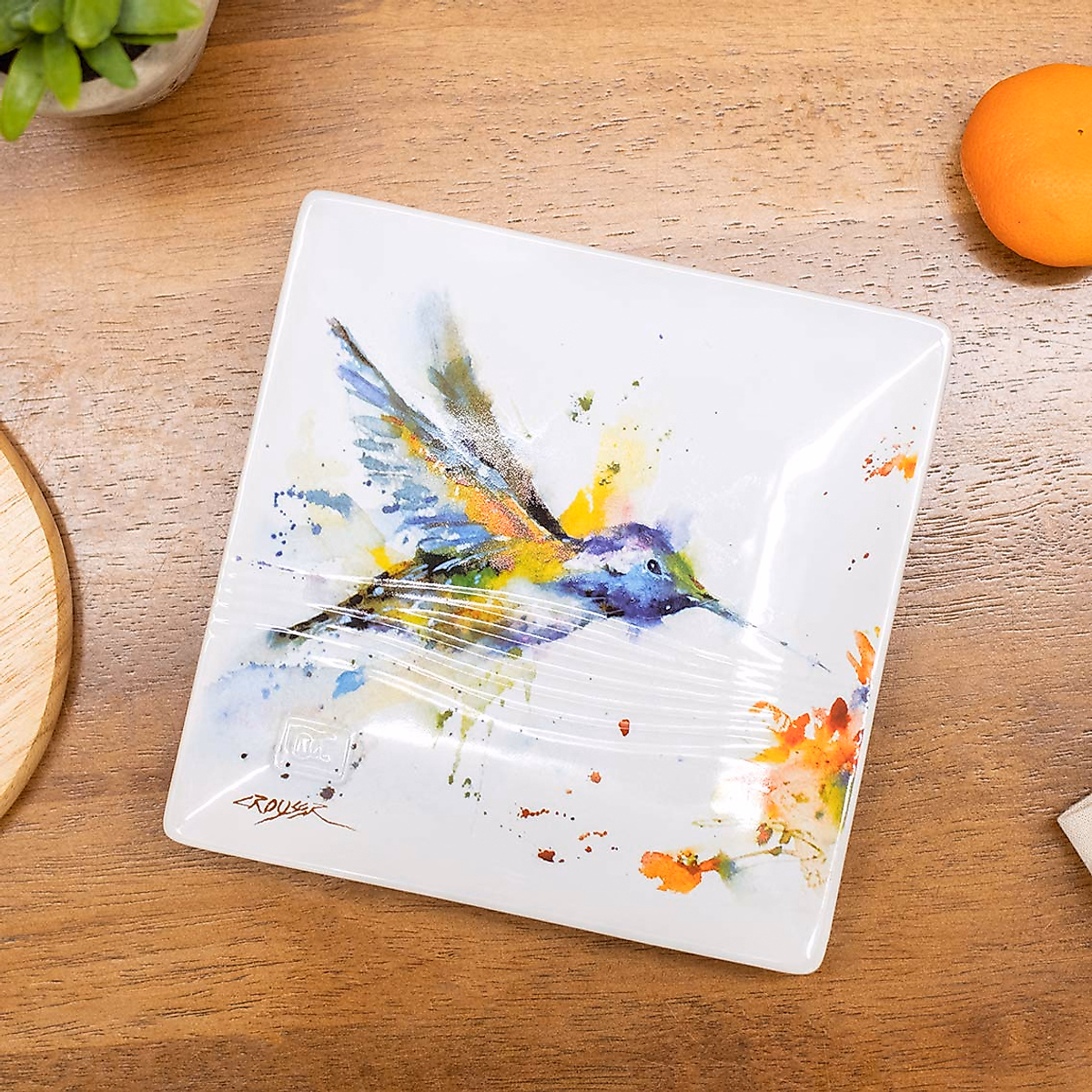 Dean Crouser Hummingbird Watercolor Blue On White 7 x 7 Glossy Stoneware Snack Plate