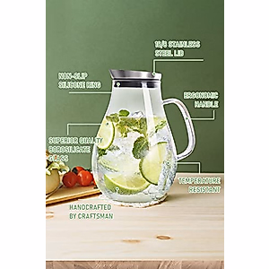 SUSTEAS 2 Liter Glass Pitcher, Water Pitcher with Removable Lid And Wide Handle, Easy Clean Juice Jug for Fridge, Beverage Carafe for Cold/Hot Water, Iced Tea, 1 Free Long-Handled Brush Included
