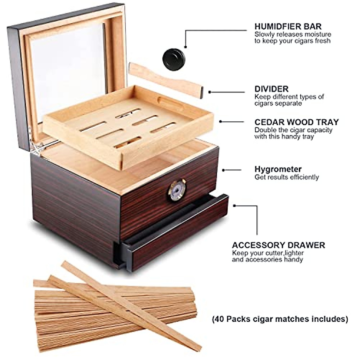 Cigar Humidor Box, Spanish Cedar Cigar Humidor Storage Box Holds 50-60 Cigar Humidors, Keeps 65% - 72% Like Humidity with Glass Top humidors, Stable Hygrometer, Humidifier and Accessory Drawer.