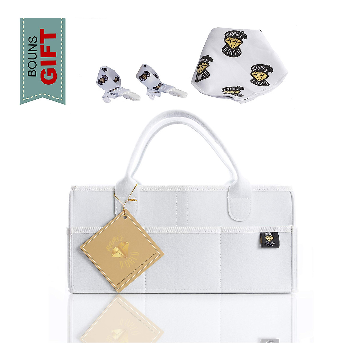 Mami's World: Baby Diaper Caddy Organizer; Portable Bag Holder for car & Changing Table; Essential Storage Bins for Nurseries with Gifts- 2 Pacifier Clips & 2 Bibs