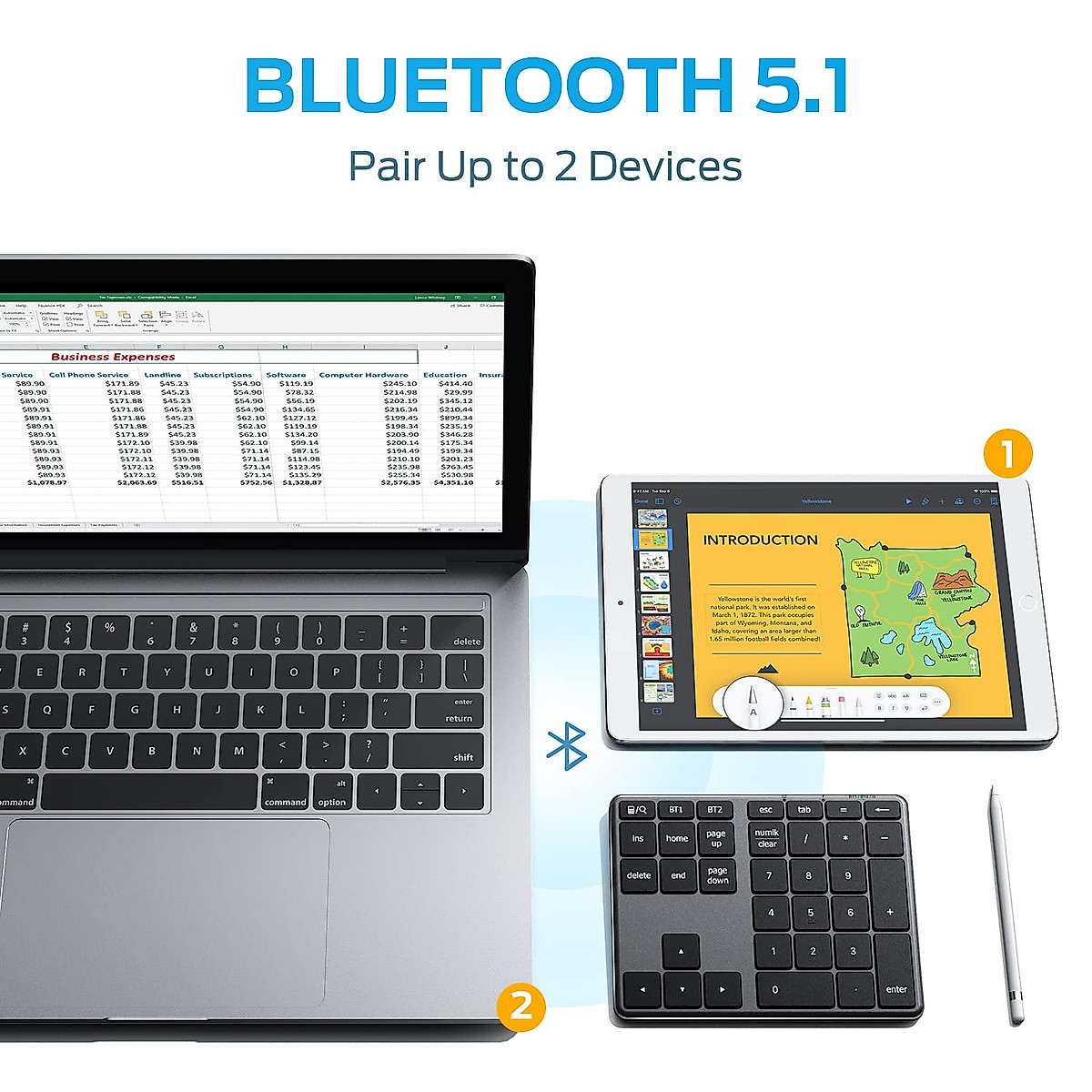 iClever Number Pad, Aluminum Wireless Number Pad for Multi Devices, USB-C Rechargeable, External 34-Keys Bluetooth Keyboard for Data Entry, Compatible for Laptop, Mac, iMac, Tablet, PC Desktop
