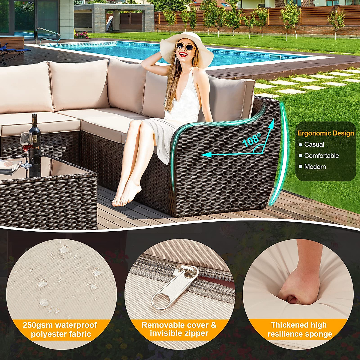 Vicluke 7 Pieces Patio Furniture Set, PE Rattan Sectional Sofa, High Back Outdoor Furniture Set, Wicker Patio Conversation Set with Cushion and Wood Table for Deck, Garden and Backyard (Blue)