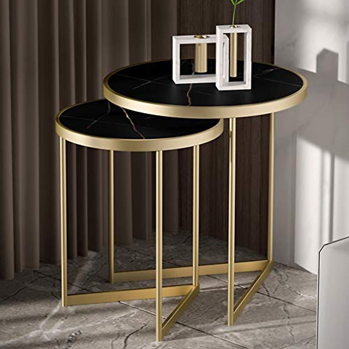 Modern Round Nesting Coffee Table Set with 2 Side Tables, Metal Frame Slate Table Top Sofa Corner Table, Simple Decoration Table for Living Room Bedroom and Balcony