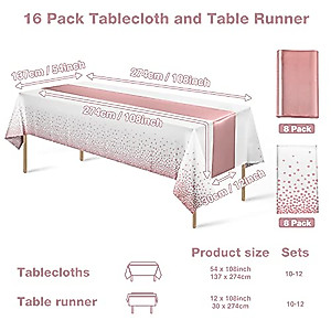 16 Pack Disposable Plastic Tablecloths and Satin Table Runner Set White and Rose Gold Dot Tablecloth Rose Gold Satin Table Runner for Wedding Birthday Baby Shower Anniversary Christmas New Year Party