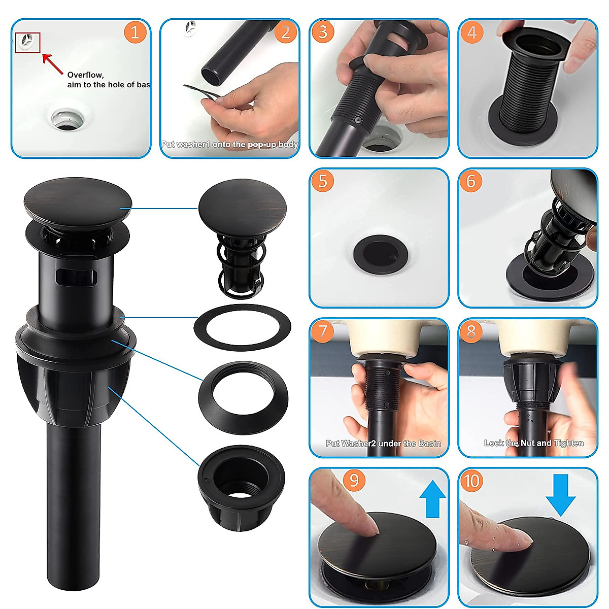 2 Pack Pop up Drain Stopper with Overflow, Push Button Sink Drain for Bathroom Sink Vessel Sink Vanity Sink, Pop up Sink Drain Bathroom Sink Drain, Push Sink Stopper Oil Rubbed Bronze