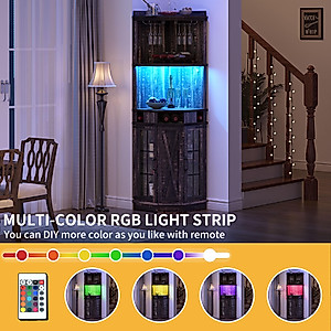 DWVO Corner Bar Cabinet with Glass Door & LED Lights, 72" Tall Farmhouse Liquor Cabinet Bar with Glass & Wine Holder, 6-Tiers Alcohol Cabinet for Dining Room, Living Room, Kitchen, Dark Rustic Oak