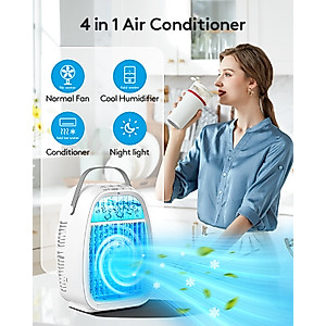 Portable Air Conditioners Fan,JYew Evaporative Mini Room Air Conditioners,Portable AC Unit Air Cooler with 4 in 1 Humidifier Fan Conditioner RGB Light, 3 Speed AC Portable for Room Car Office (White)
