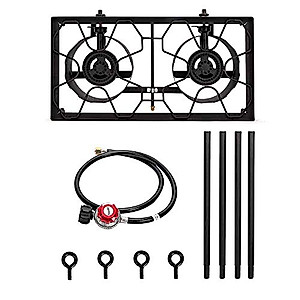 Henf Outdoor Camp Stove High Pressure Propane Gas Cooker Portable Cast Iron Patio Cooking Burner perfect for Camping Patio(Double Burner 150000-BTU)