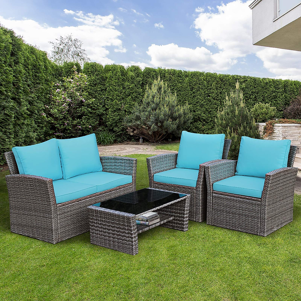 Tangkula 4 Pieces Patio Furniture Set, All Weather Outdoor Sectional Rattan Sofa Set with Cushions & Tempered Glass Table, Wicker Conversation Couch Set for Backyard Garden Poolside (Turquoise)