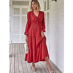 ZAFUL Women Casual V Neck Long Dress Tie Neck Solid Color High Waist Tiered Ruffle Hem A Line Swing Maxi Dresses (1-Wine, M)