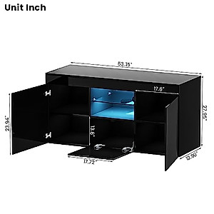 Lamerge Sideboard Buffet Cabinet,Led TV Stand with Storage,High Glossy Panel, UV Coated,TV Table,Kitchen Cabinet, Bar Cabinet. 53.1" L×13" W×28" H,Black