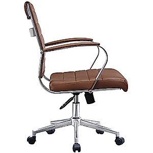 2xhome Brown Modern Mid Century Modern Contemporary Mid Back Ribbed PU Leather Swivel Tilt Adjustable Chair Executive Manager Office Conference Room Work Task Computer Ribbed Desk Chrome Wheels Arms