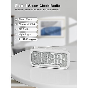 Alarm Clock with Bluetooth Speaker, FM Radio,Bedside Alarm Clock with 2 USB Chargers,Adjustable Dimmer and Volume,12/24H,Snooze,Battery Backup,Plugged in Clock Radio for Adult Kid Heavy Sleeper