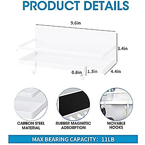 Gerguirry Magnetic Spice Racks White, Magnetic Shelves for Refrigerator Kitchen Shelf Organizers and Storage with 4 Removable Hooks Easy to Install（2 Pack