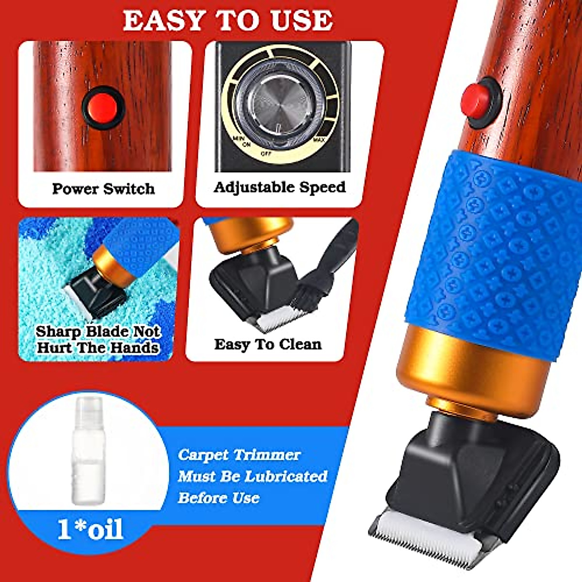 Carpet Trimmer Rug Trimmer Low Noise Rug Making Kit Supplies with Oil,Replaceable Ceramic Blades,2 Comb Head Attachments for Handmade Rug Clean and Tufted Carpet, Tufting Gun (1 Replaceable Blades)