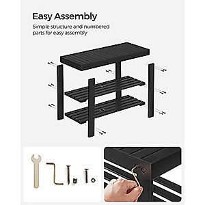 SONGMICS Shoe Rack Bench, 3-Tier Bamboo Shoe Storage Organizer, Entryway Bench, Holds Up to 286 lb, for Entryway Bathroom Bedroom, Black ULBS04H