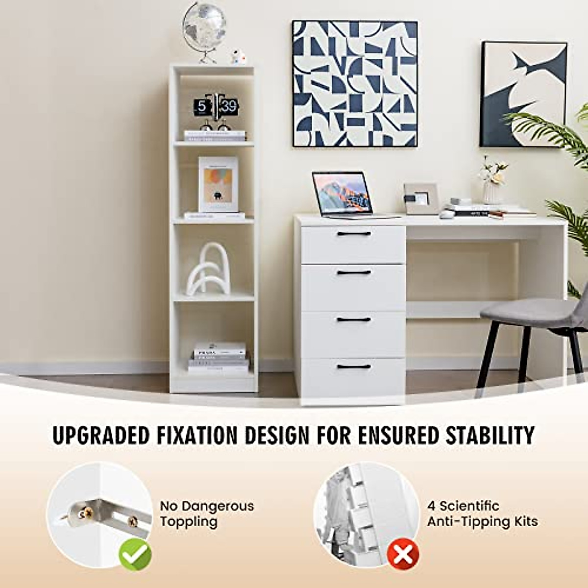 Giantex 56" Tall 4 Cube Bookcase White - Freestanding 15" Wide 5-Tier Narrow Open Display Bookshelf with 4 Anti-Tipping Kits, Wooden Cube Storage Organizer for Small Place, Living Room, Bedroom