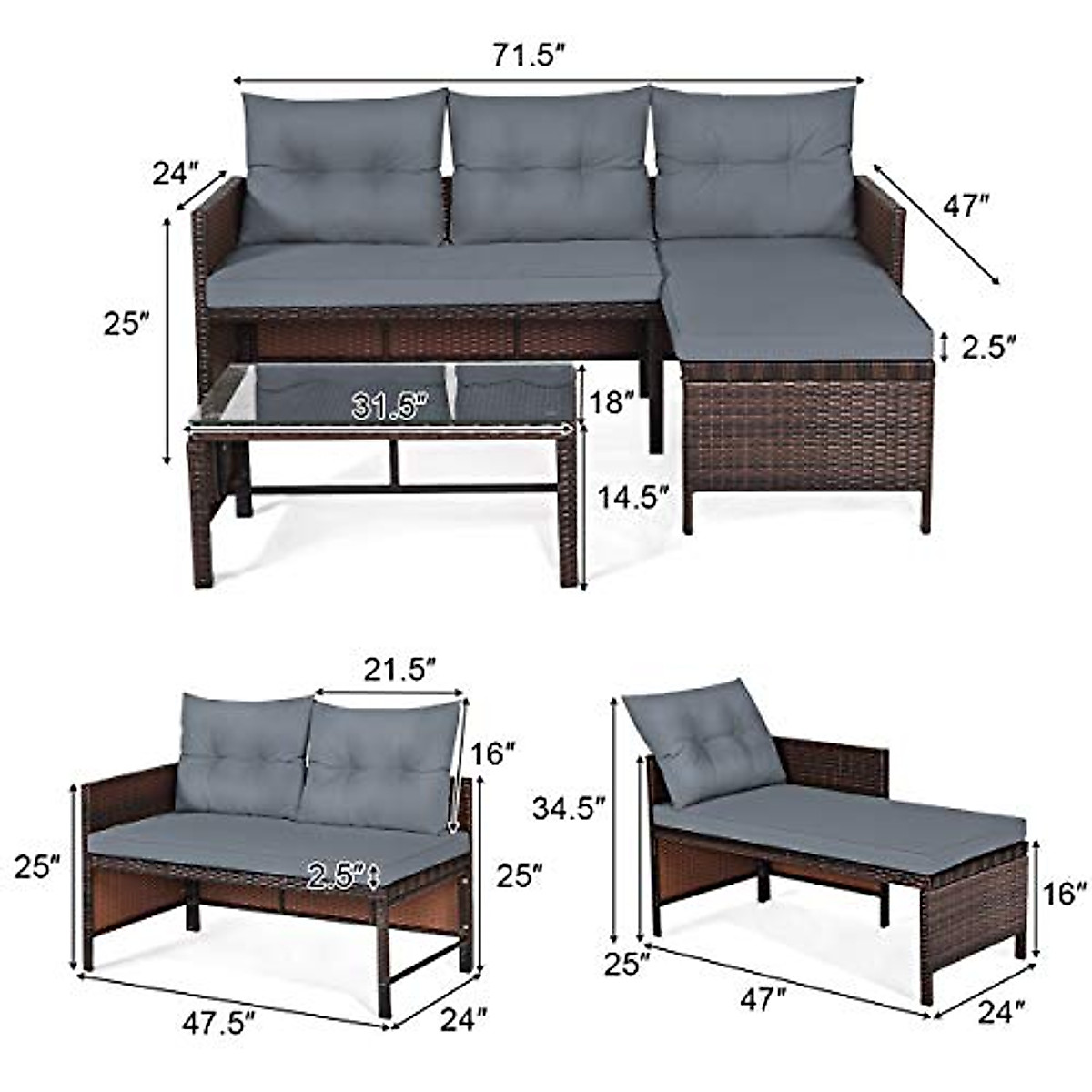 Tangkula Patio Corner Sofa Set 3 Piece, Outdoor Rattan Sofa Set, Includes Lounge Chaise, Loveseat & Coffee Table, Patio Garden Poolside Lawn Backyard Furniture (Gray)