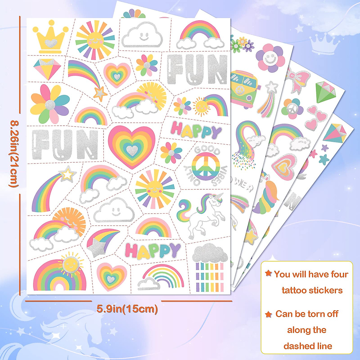 Waterproof Temporary Tattoos - 118pcs Groovy Fake Tattoo for Kids Birthday Party Supplies, Star Unicorn Smiley Rainbow Flower Candy Crown Arts and Crafts for Boys or Girls 6 7 8 9 10 11 12 years old