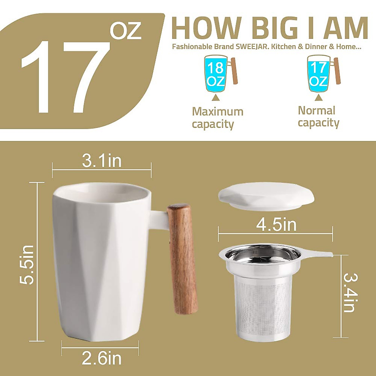 Sweejar Porcelain Tea Mug with Infuser and Lid, Wooden Handle, 17 Ounce, Geometric Shape Tea Cup for Steeping, Tea Lover, Gift, Home, Office (Jade)