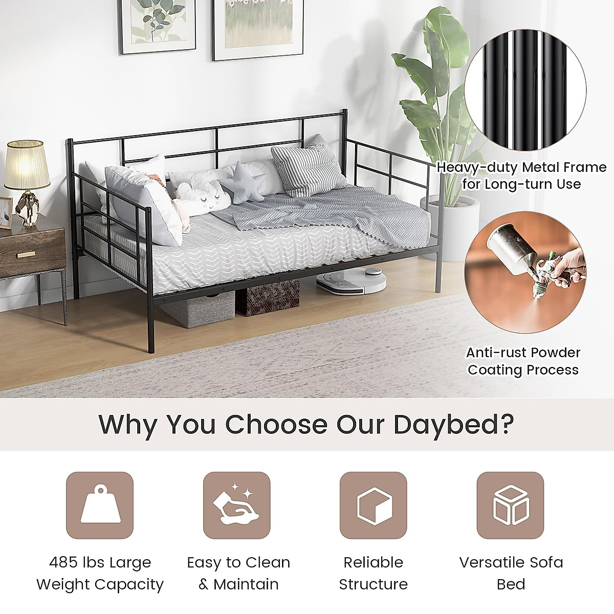 Giantex Metal Twin Daybed Frame, High Back Day Bed with Heavy-Duty 16 Slats & 18 Inch Headboard, Multifunctional Twin Size Bed Frame for Living Room Guest Room, No Box Spring Need, Black