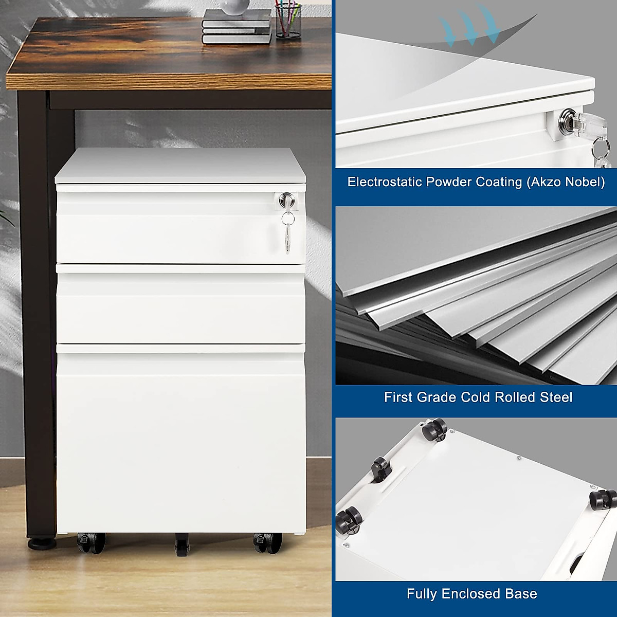 PACHIRA E-Commerce Mobile File Cabinet with 3 Drawers Heavy Duty 19.69" D x 15.35" W x 23.62" H, Fully Assembled, Filing Cabinet Vertical File Under Desk for Legal/Letter/A4 File, White