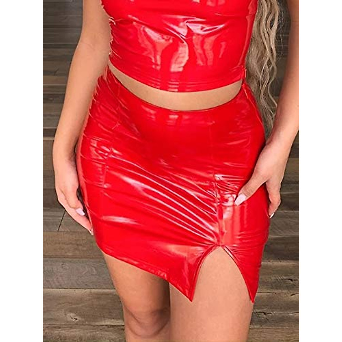 Angelegant Leather Mini Skirt Women Skirts Sexy Shiny Liquid Metallic Wet Look Latex Skirt (L, Red PVC Mini Skirt)