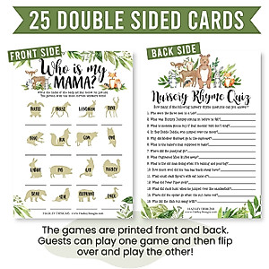 25 Woodland Animal Matching, 25 Nursery Rhyme Game, 25 Word Scramble For Baby Shower, 25 True Or False Game, 25 Who Knows Mommy Best, 25 Baby Prediction And Advice Cards - 6 Double Sided Cards