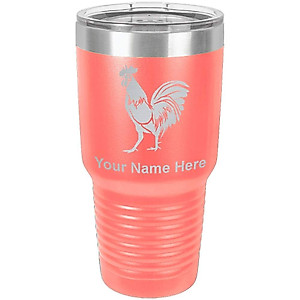 LaserGram 30oz Vacuum Insulated Tumbler Mug, Rooster, Personalized Engraving Included (Coral)